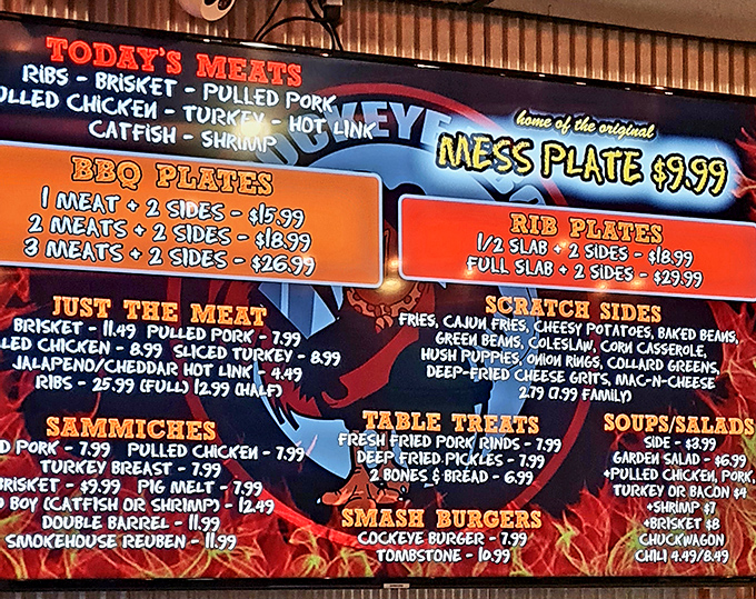 This menu board isn't just a list&mdash;it's a roadmap to happiness. The "Mess Plate" isn't a warning; it's a promise.