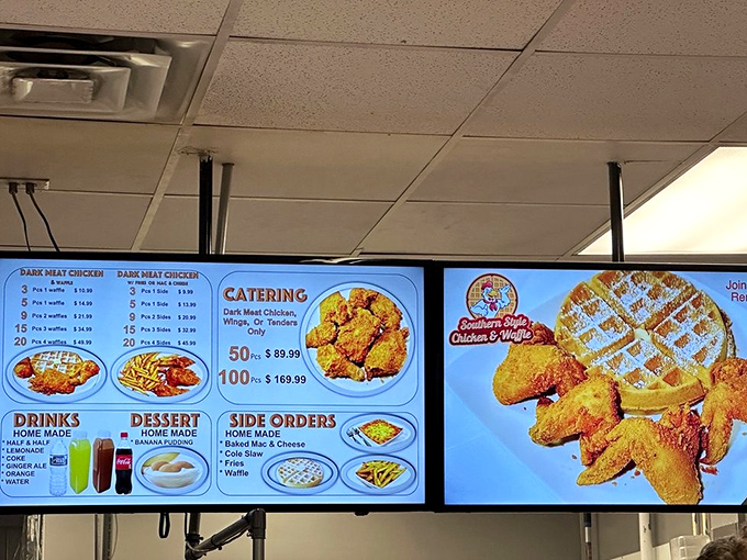 The illuminated menu board promises golden treasures that would make Colonel Sanders weep with envy.