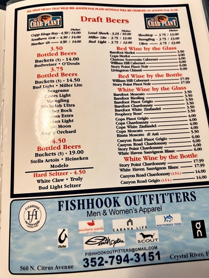 The beverage menu reminds us of life's simple pleasures: cold beer and decent wine are all you need when fresh seafood is the star attraction.