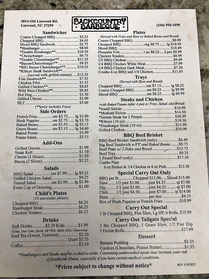 A menu that reads like barbecue poetry – no fancy descriptions needed when the food speaks this eloquently for itself.