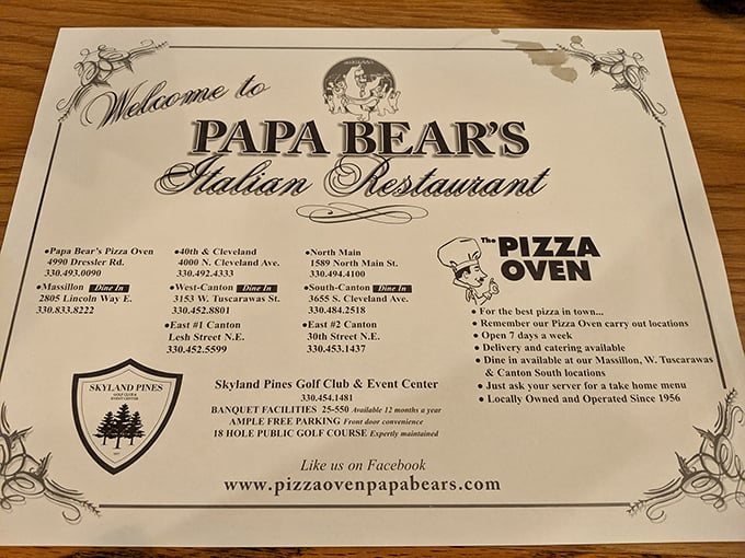 The menu reveals Papa Bear's impressive reach across Northeast Ohio, with multiple locations serving their famous pizza and Italian classics since 1956.