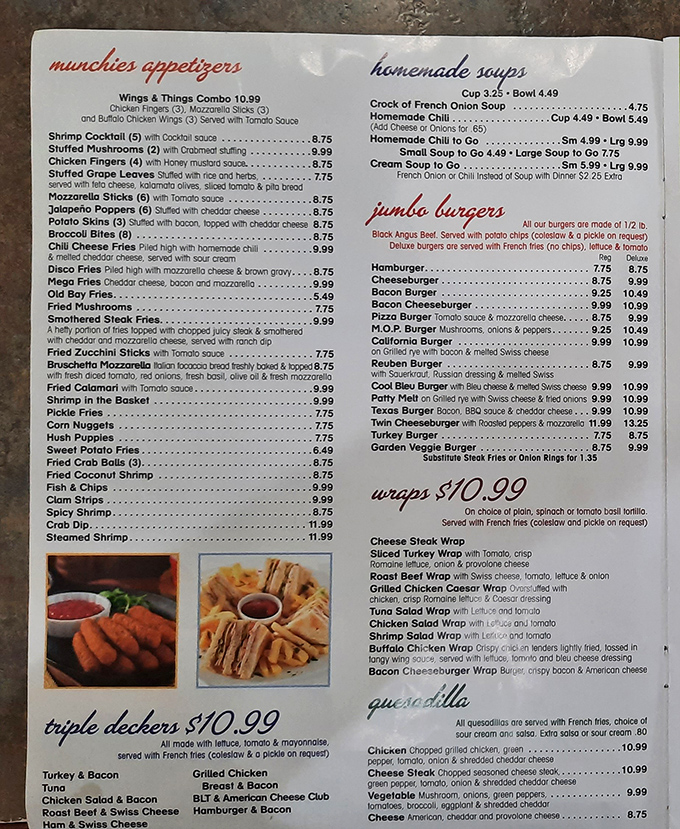 The menu reads like a love letter to American comfort food classics—each page a new chapter in the story of satisfaction.