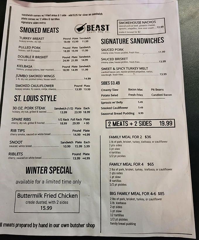 This menu isn't just a list&mdash;it's a roadmap to happiness. The 30-oz pork steak beckons like a siren song.