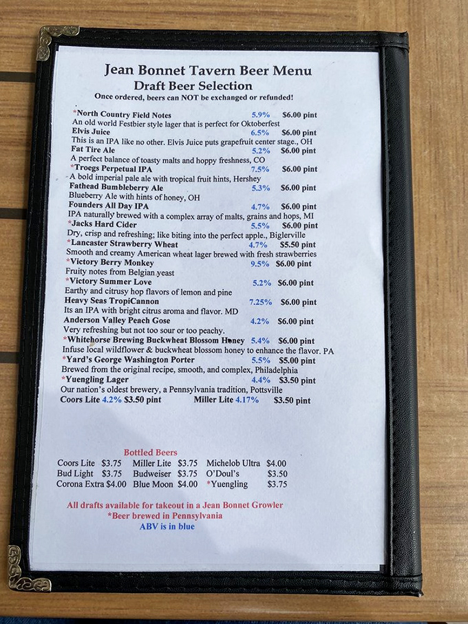 The beer menu reads like a love letter to Pennsylvania brewing traditions. Even George Washington would approve of these hoppy options.