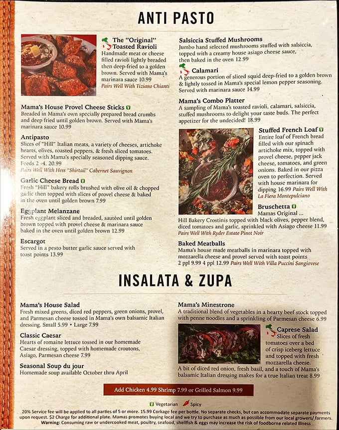 A menu that reads like a love letter to Italian-American cuisine. The "Original" Toasted Ravioli hints at St. Louis history in every crispy bite.