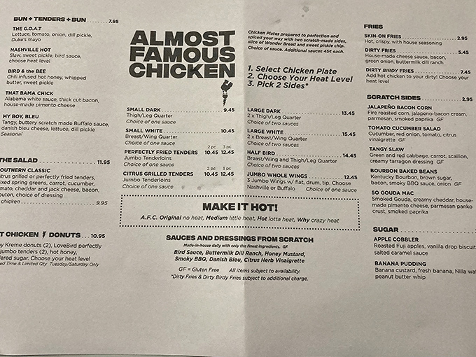 The menu reads like a love letter to chicken, with heat levels that range from "perfectly pleasant" to "call-your-insurance-agent hot."