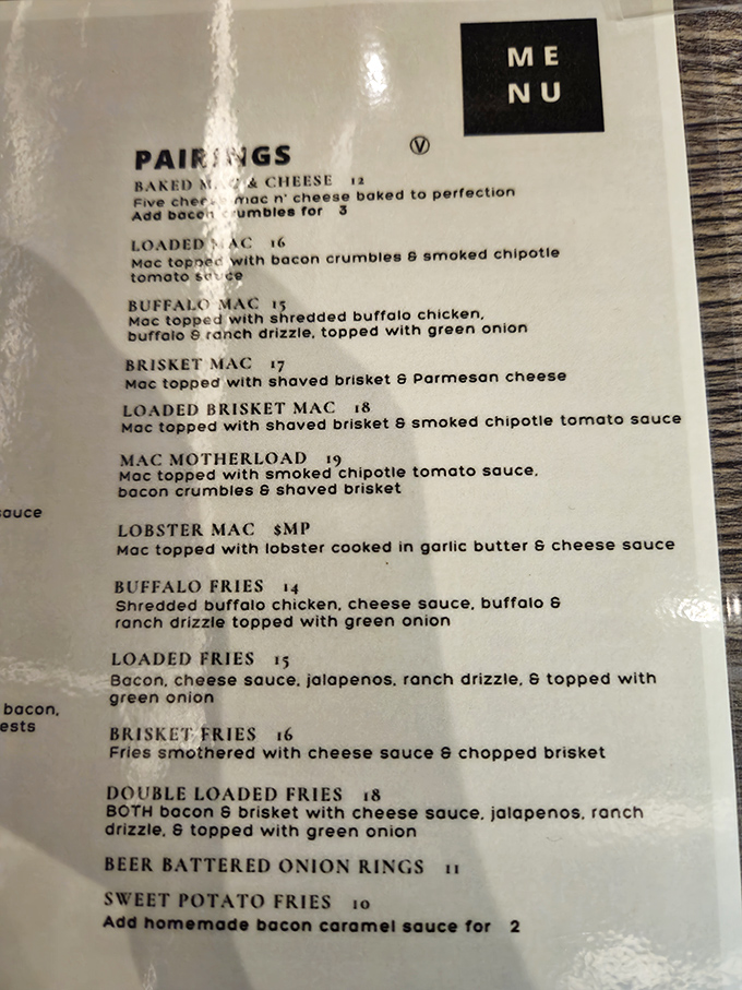 This menu reads like a love letter to indulgence. The "Mac Motherload" isn't just a meal&mdash;it's a challenge your stomach is eager to accept.