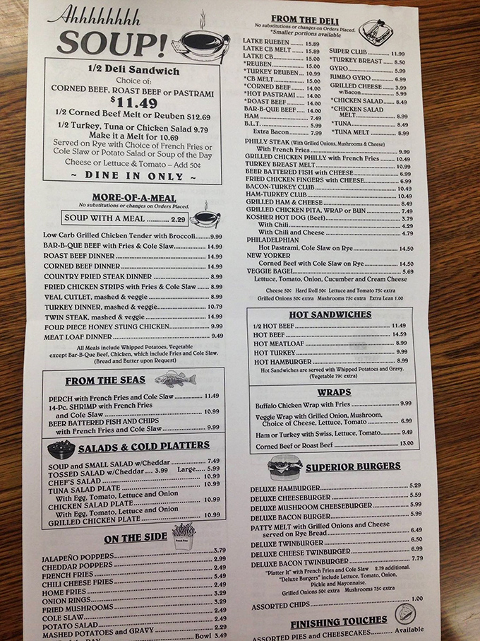 This menu reads like a love letter to deli classics. The "Ahhhhhhhh SOUP!" header alone tells you they don't take themselves too seriously.