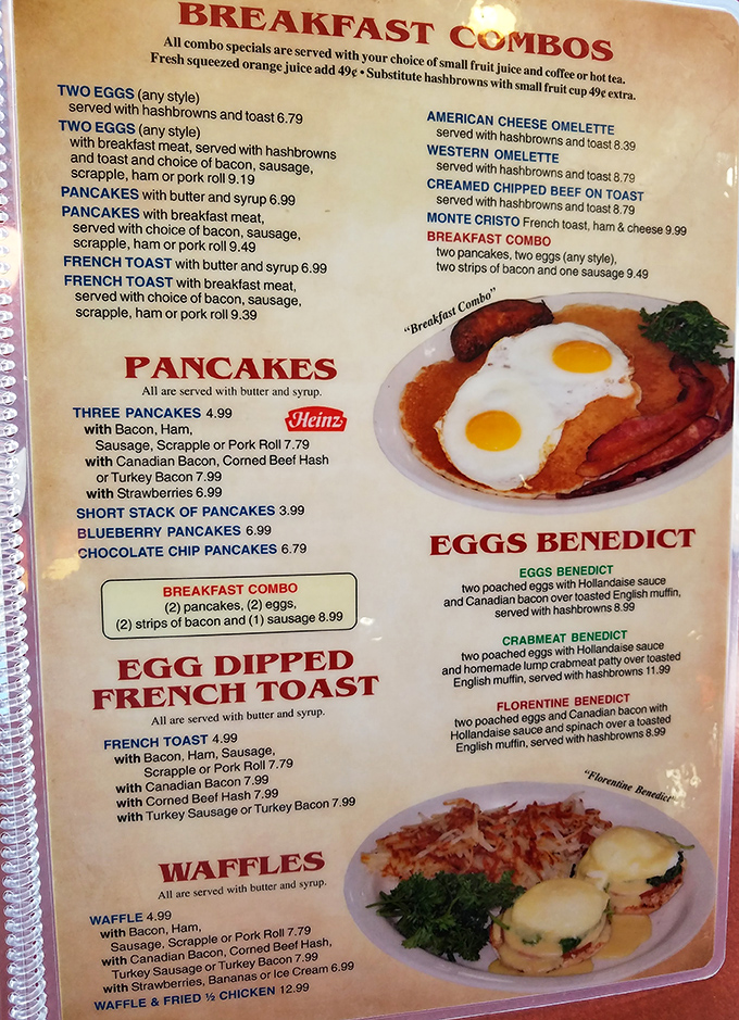 The breakfast menu reads like a love letter to morning indulgence, with cream chipped beef taking center stage among the diner's greatest hits. 