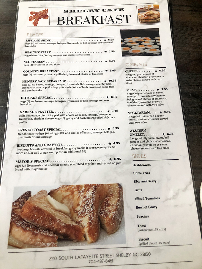 A menu that reads like a love letter to Southern breakfast traditions. Notice livermush making multiple appearances&mdash;this isn't just food, it's cultural heritage on a plate.