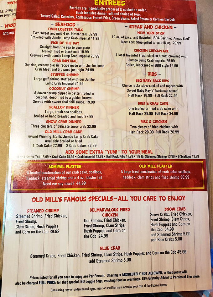 This menu isn't just a list of options&mdash;it's a treasure map where X marks the spot for "Delmarvalous" seafood adventures.