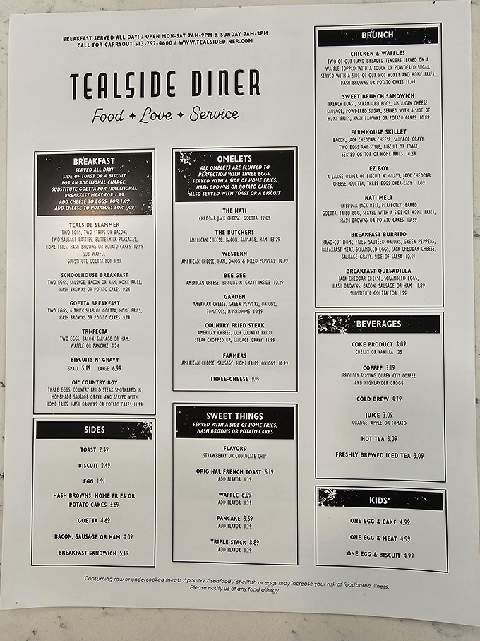 A menu that reads like poetry to hungry souls. Breakfast served all day is civilization's greatest achievement since indoor plumbing.