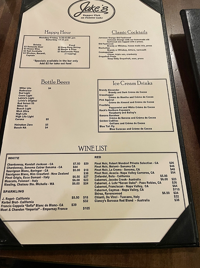 The menu tells the real Wisconsin story – Brandy Old Fashioneds, ice cream drinks, and a wine list that means business.