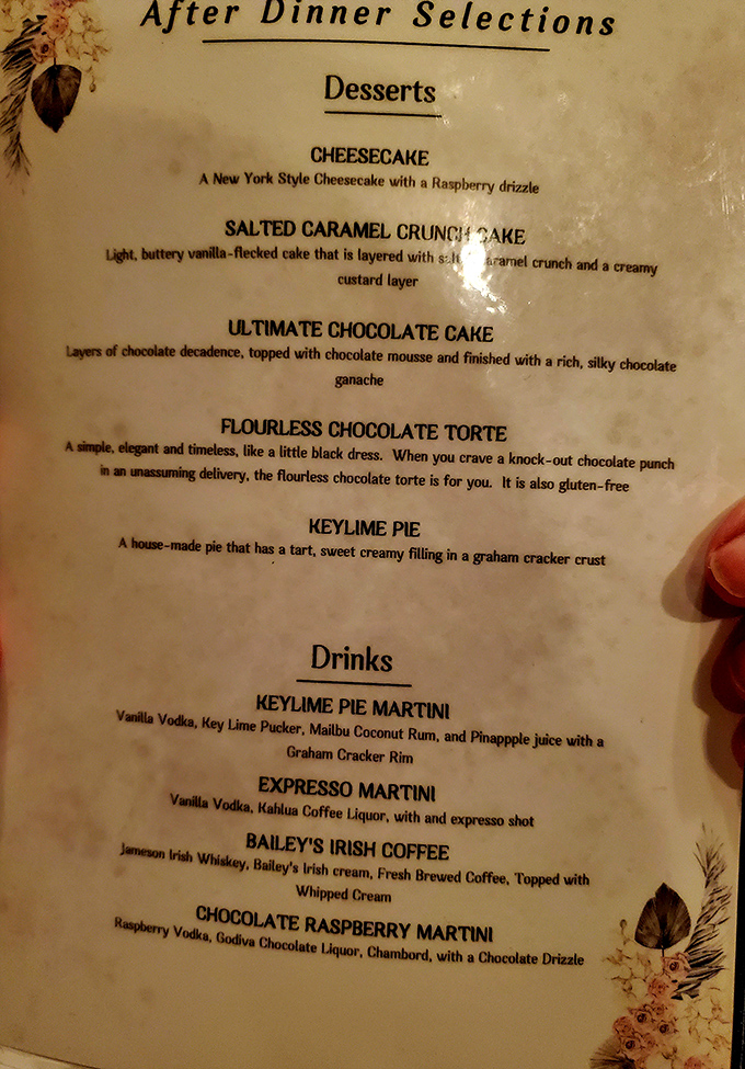 The dessert menu reads like poetry for your sweet tooth. That flourless chocolate torte description&mdash;"like a little black dress"&mdash;is pure culinary Shakespeare.