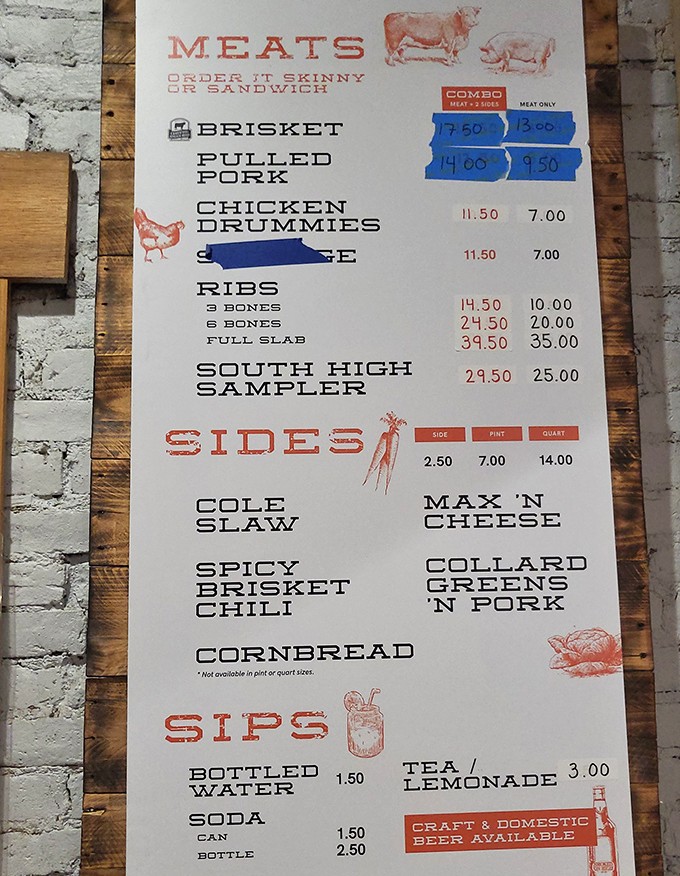 A menu that cuts right to the chase&mdash;meat, sides, and happiness. No fancy descriptions needed when the food speaks for itself.