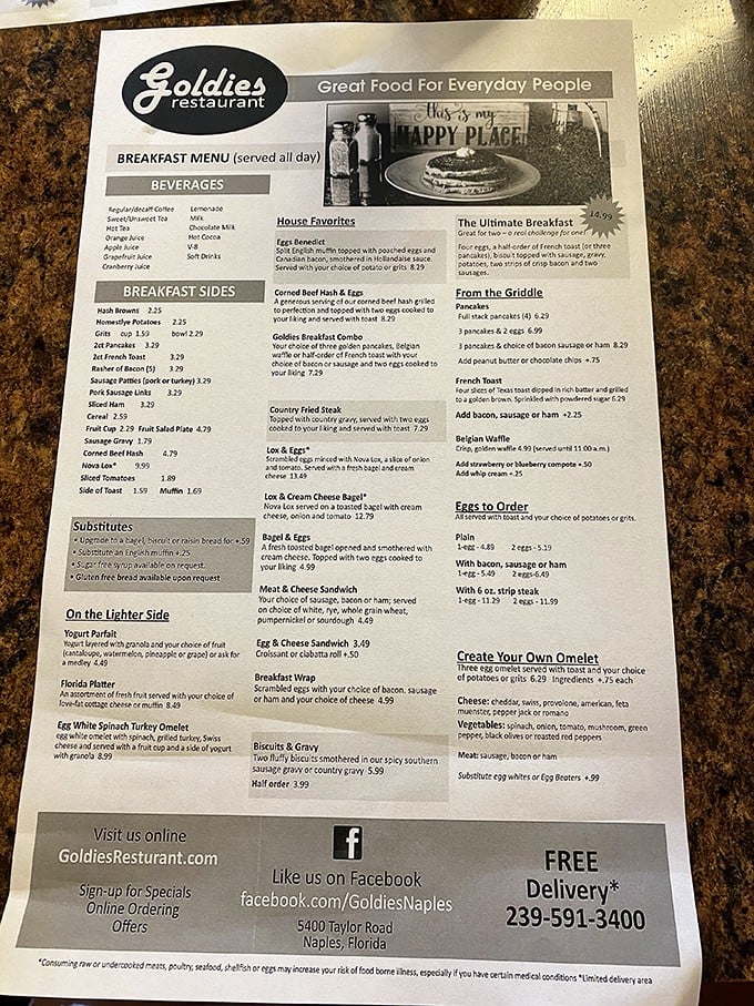 This menu isn't just a list&mdash;it's a roadmap to happiness. Notice how "breakfast served all day" might be the three most beautiful words in the English language.