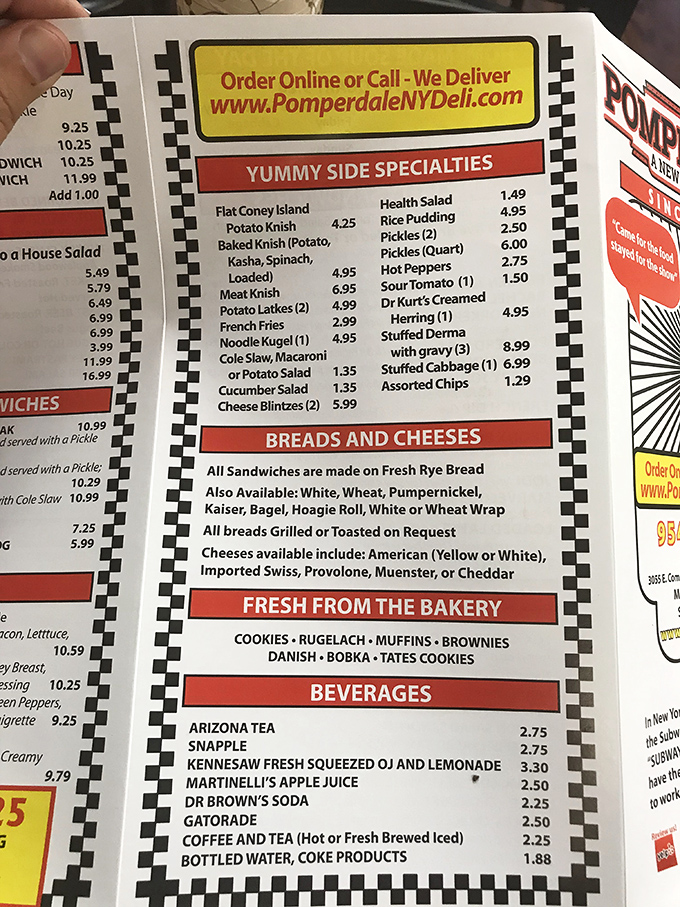 This menu isn't just a list&mdash;it's a roadmap to happiness. Note the "Yummy Side Specialties" section, where potato knish dreams come true.