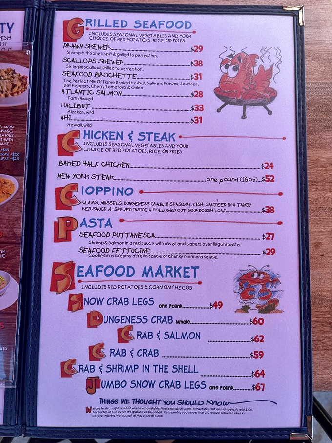 When a menu features this many crab options, you know you're in capable claws. The cartoon crustacean seems to agree!