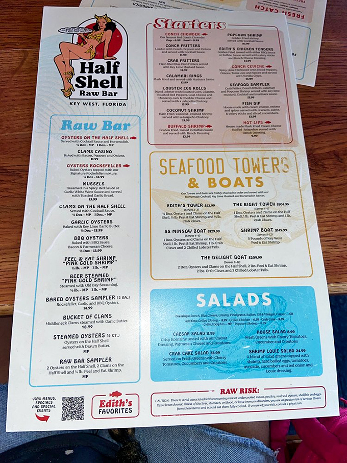 This menu isn't just a list of dishes&mdash;it's a treasure map to seafood paradise, complete with that sassy mermaid mascot watching over your choices.