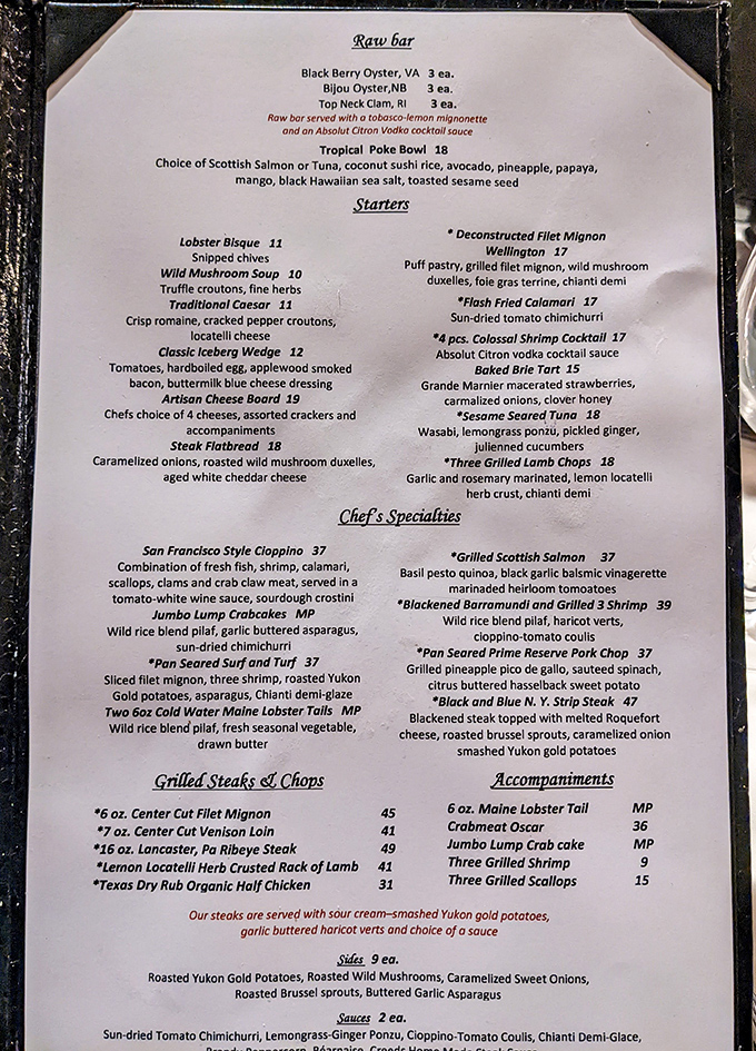 A menu that reads like a love letter to carnivores and seafood enthusiasts alike. Decision paralysis has never been so delicious.