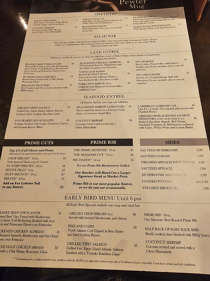 This menu isn't just a list of options&mdash;it's a roadmap to happiness. The "Prime Rib is our most popular Entre&eacute;" note speaks volumes.