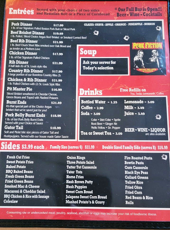 The menu reads like a love letter to smoked meat enthusiasts. Notice the Pulp Fiction reference? Samuel L. Jackson would definitely approve of these flavor combinations.