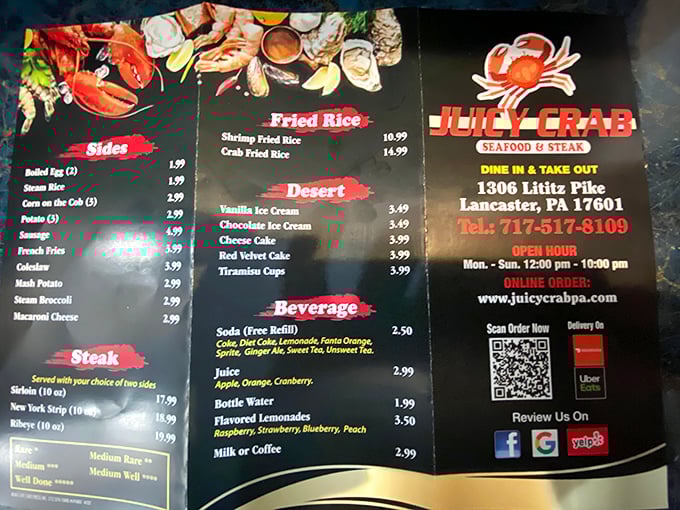 The menu reads like a love letter to crustaceans. Each section promises another delicious adventure, with desserts waiting patiently for those who pace themselves.