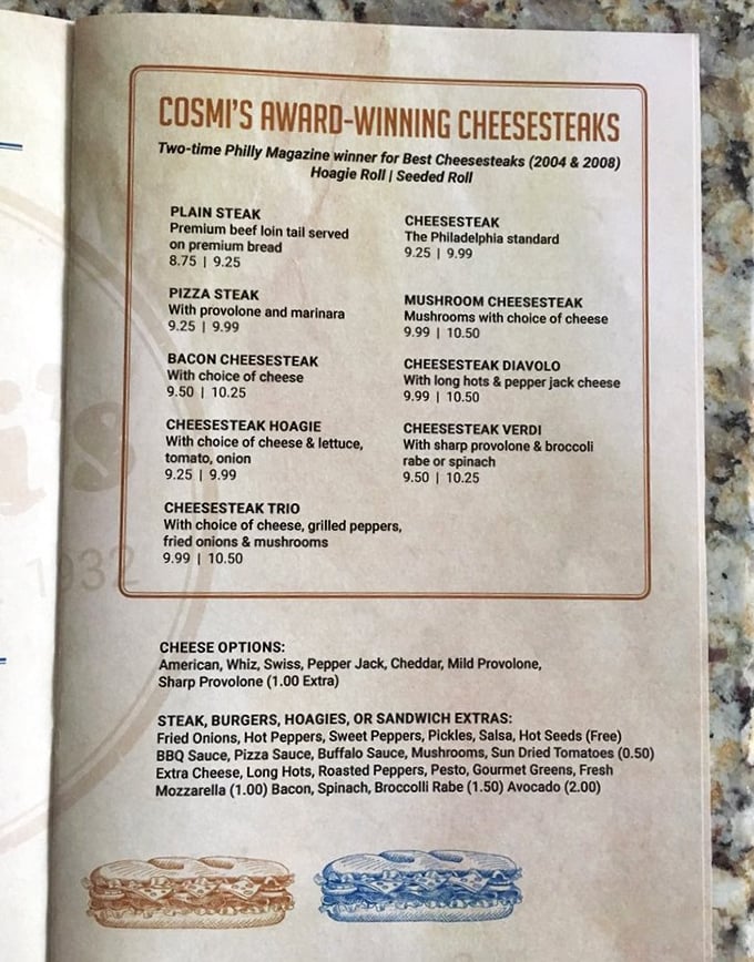 The menu of champions. Cosmi's award-winning cheesesteaks come in varieties that would make Rocky himself climb those steps for a bite.