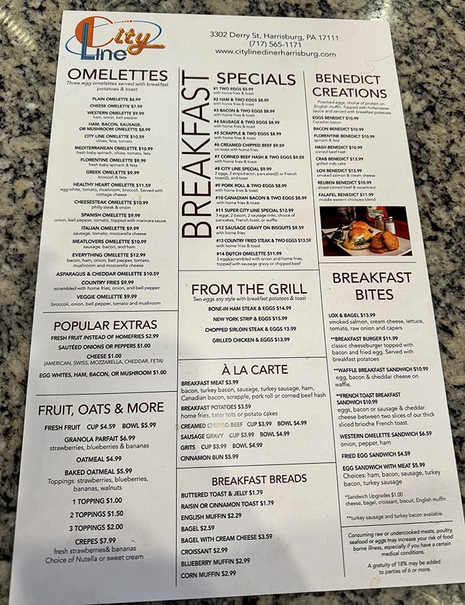 A menu that reads like a love letter to breakfast &ndash; from omelets to benedicts, each option more tempting than the last.
