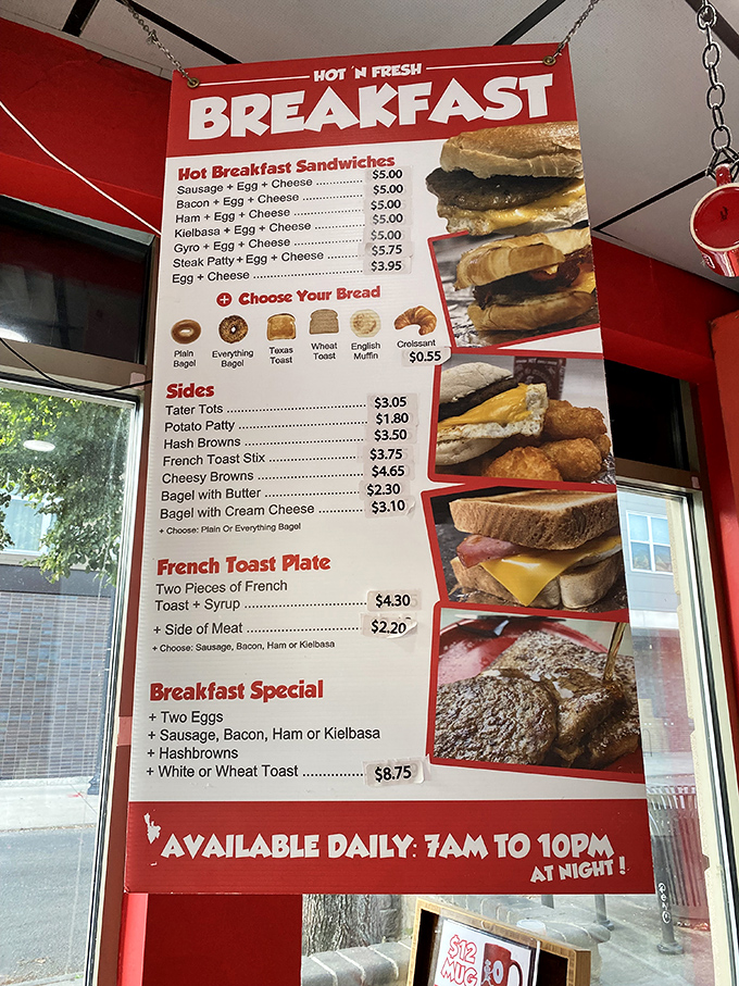The breakfast menu board tells a story of comfort food democracy &ndash; where gyro meets egg sandwich in a beautiful morning marriage of flavors.