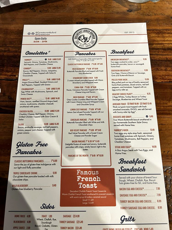 This menu isn't just a list of options&mdash;it's a roadmap to breakfast nirvana. The hardest part? Deciding between the Farmer's Hash and those famous French Toast creations.