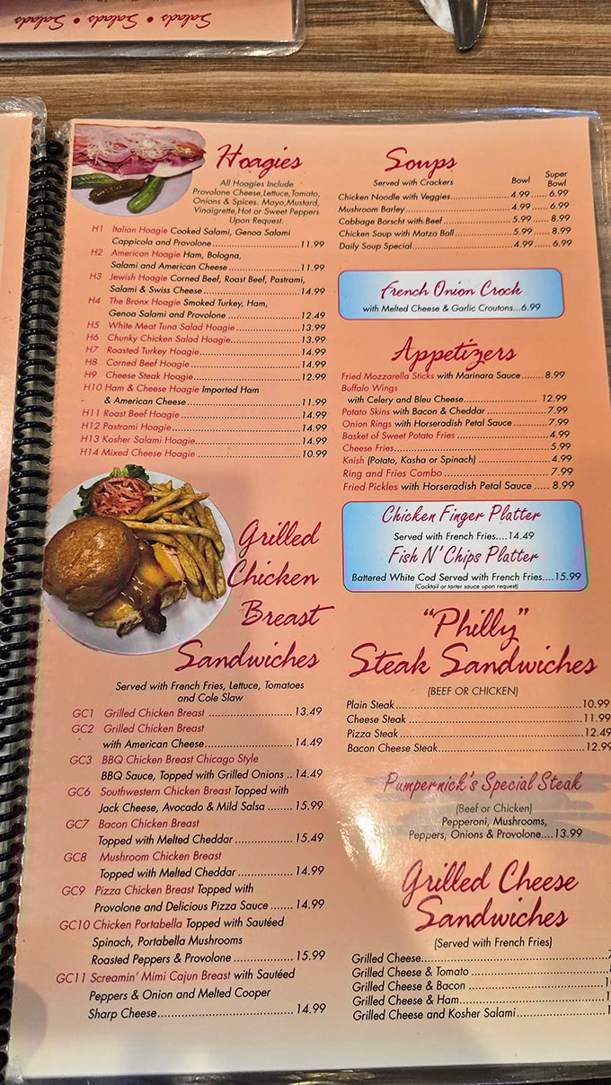 A menu that speaks the universal language of comfort. Each listing reads like a love letter to traditional deli fare, with hoagies and soups taking center stage.