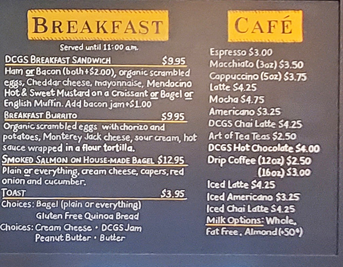 The breakfast menu reads like poetry to hungry travelers. Notice there's no "sorry, we stopped serving at 10:30" nonsense here.