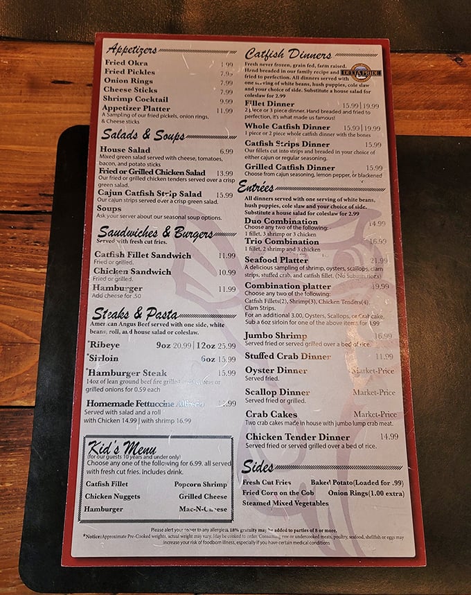 A menu that reads like a love letter to Southern seafood. No fancy descriptions needed when the food has been perfected over decades.