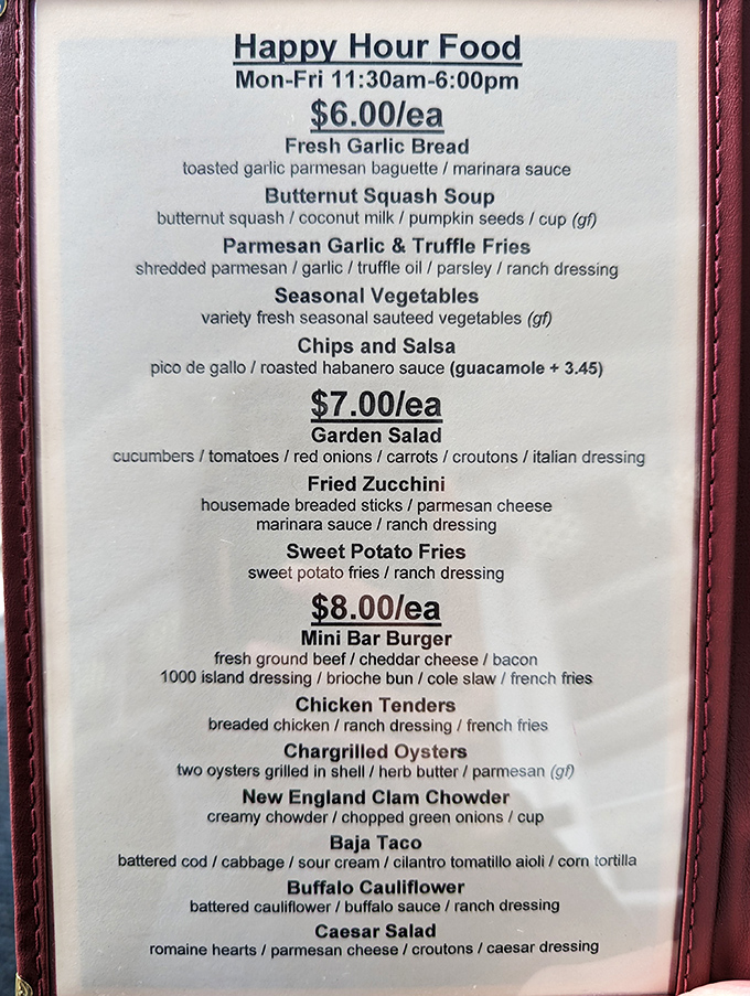 Happy hour heaven! The menu reads like a love letter to affordable indulgence, with that legendary New England Clam Chowder calling your name.