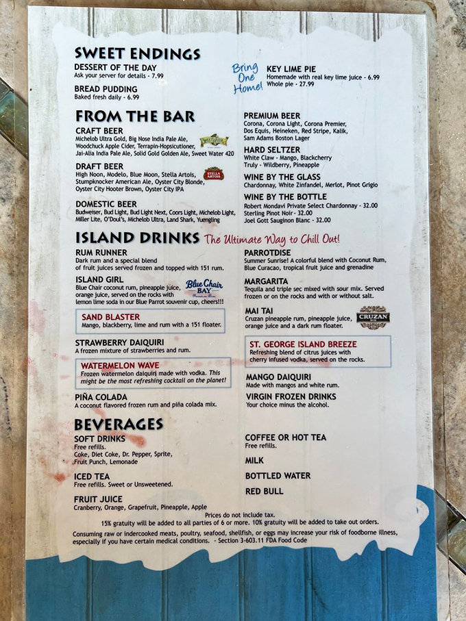 The drinks menu reads like a vacation bucket list. Each tropical concoction promises a momentary escape from reality.