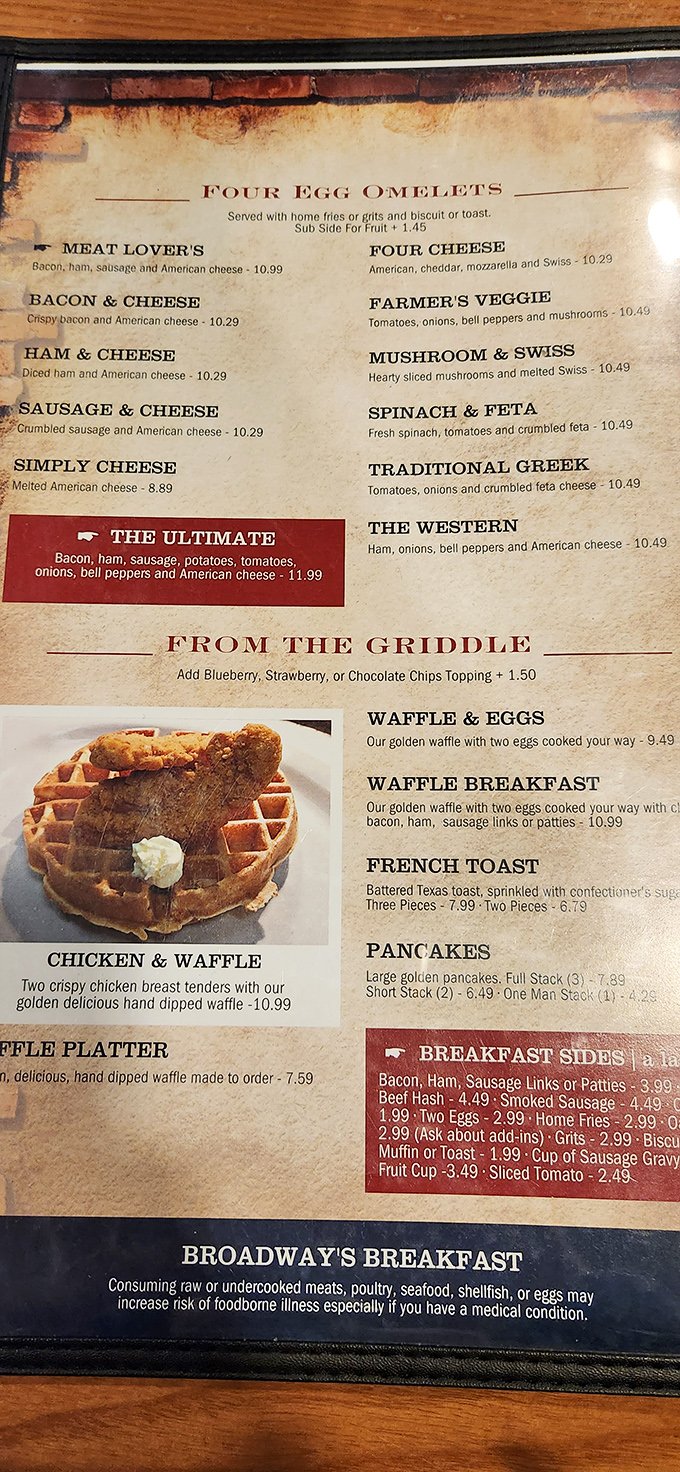 The menu reads like a love letter to breakfast classics. That chicken and waffle photo isn't just food&mdash;it's tomorrow morning's plan.
