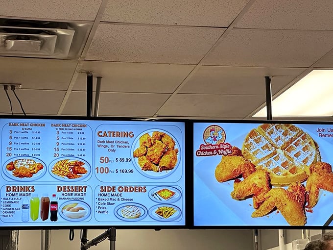 The menu board tells you everything you need to know&mdash;this place means serious business when it comes to fried chicken and waffles.