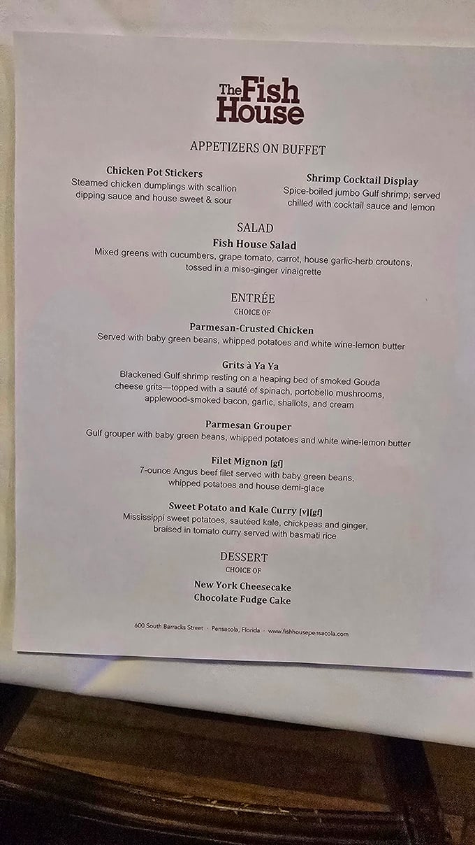 This menu reads like a love letter to Gulf cuisine&mdash;each description promising flavors that might just make you consider relocating to Pensacola permanently.