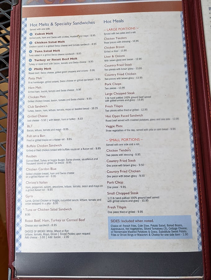 A menu that reads like a love letter to comfort food classics, from melts to hot meals, each promising the kind of satisfaction money can't usually buy