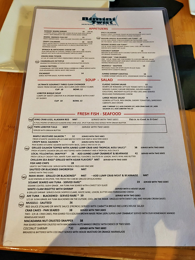 A menu that reads like a love letter to the ocean. Decisions, decisions—each option more tempting than the last.