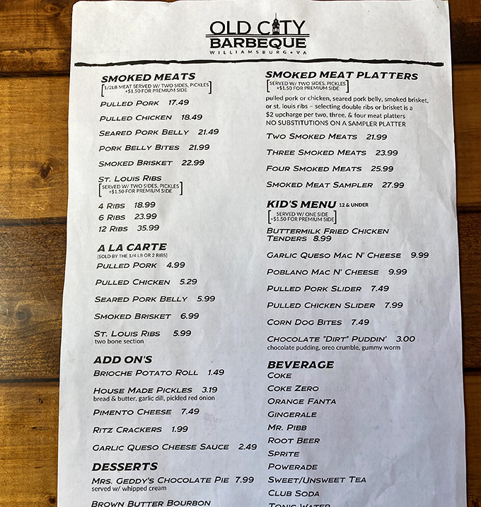 This menu isn't just a list of options—it's a roadmap to happiness. The "Smoked Meat Sampler" is basically permission to be indecisive in the best possible way.