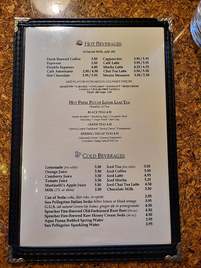 A menu that reads like poetry—where "Monin Steamers" isn't a Victorian-era locomotive but a frothy concoction worth crossing county lines for.