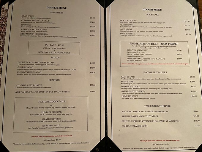 The menu reads like a love letter to classic cuisine, with prime rib proudly declared "OUR PRIDE!" No trendy foam or deconstructed nonsense here.