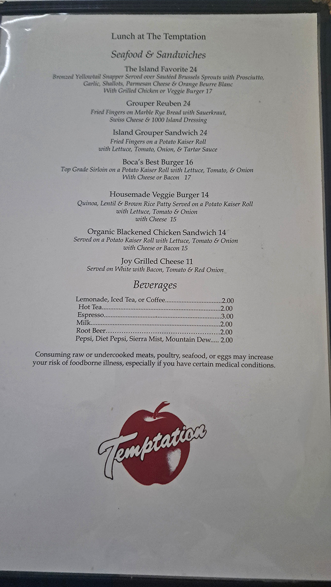 A menu that reads like poetry to seafood lovers. That Grouper Reuben is calling my name!
