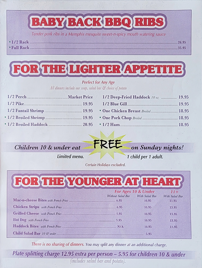 A menu that speaks the universal language of comfort. When they say "lighter appetite," they mean "normal human portion" by non-Wisconsin standards.