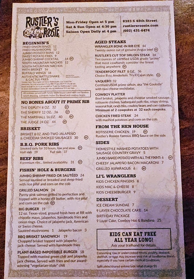 The menu reads like a love letter to meat lovers everywhere. Notice the rattlesnake appetizer? That's not something you see at your neighborhood Applebee's.