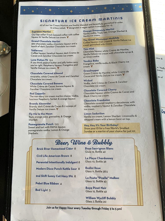 The ice cream martini menu reads like a dessert fantasy novel. "Chocolate Covered Almond" isn't just a flavor&mdash;it's a commitment to happiness.