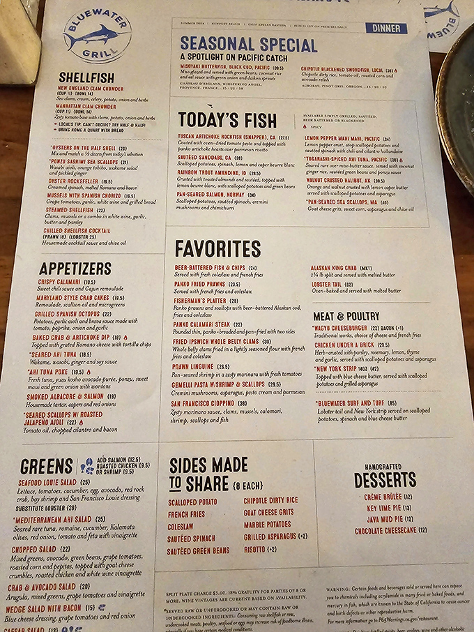 This menu isn't just a list&mdash;it's a maritime treasure map where X marks the spot for seafood nirvana.