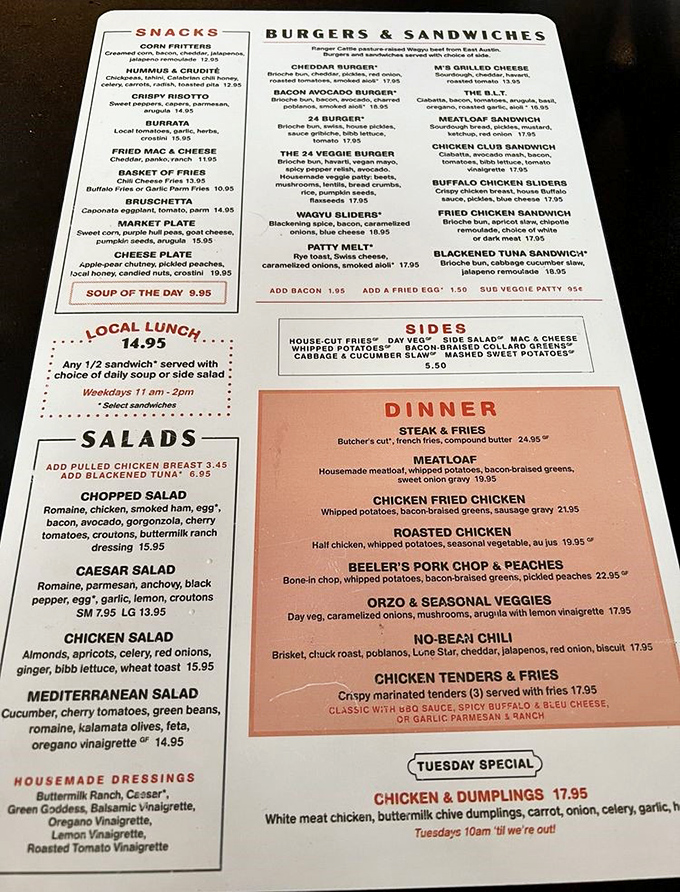 A menu that reads like comfort food poetry. No flowery descriptions needed when the classics are executed this perfectly.